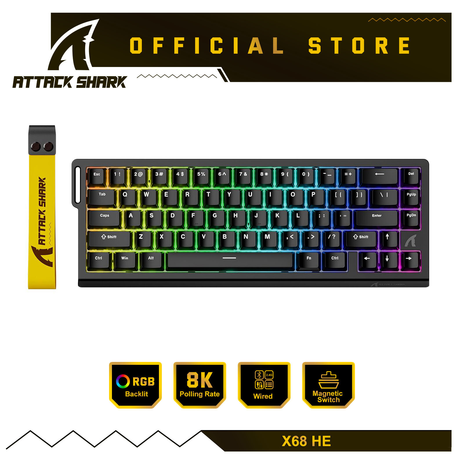 ATTACK SHARK X68HE 8000 Hz Быстрая триггерная клавиатура, 0,01 мм RT Кабельная игровая клавиатура с магнитным переключателем