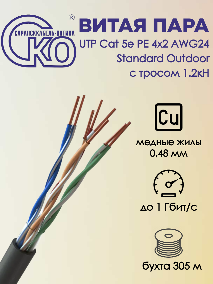 Витая пара LAN-кабель СКО UTP, медь, Сat 5e, 8 жил, уличный, с тросом, Standard, 305 м