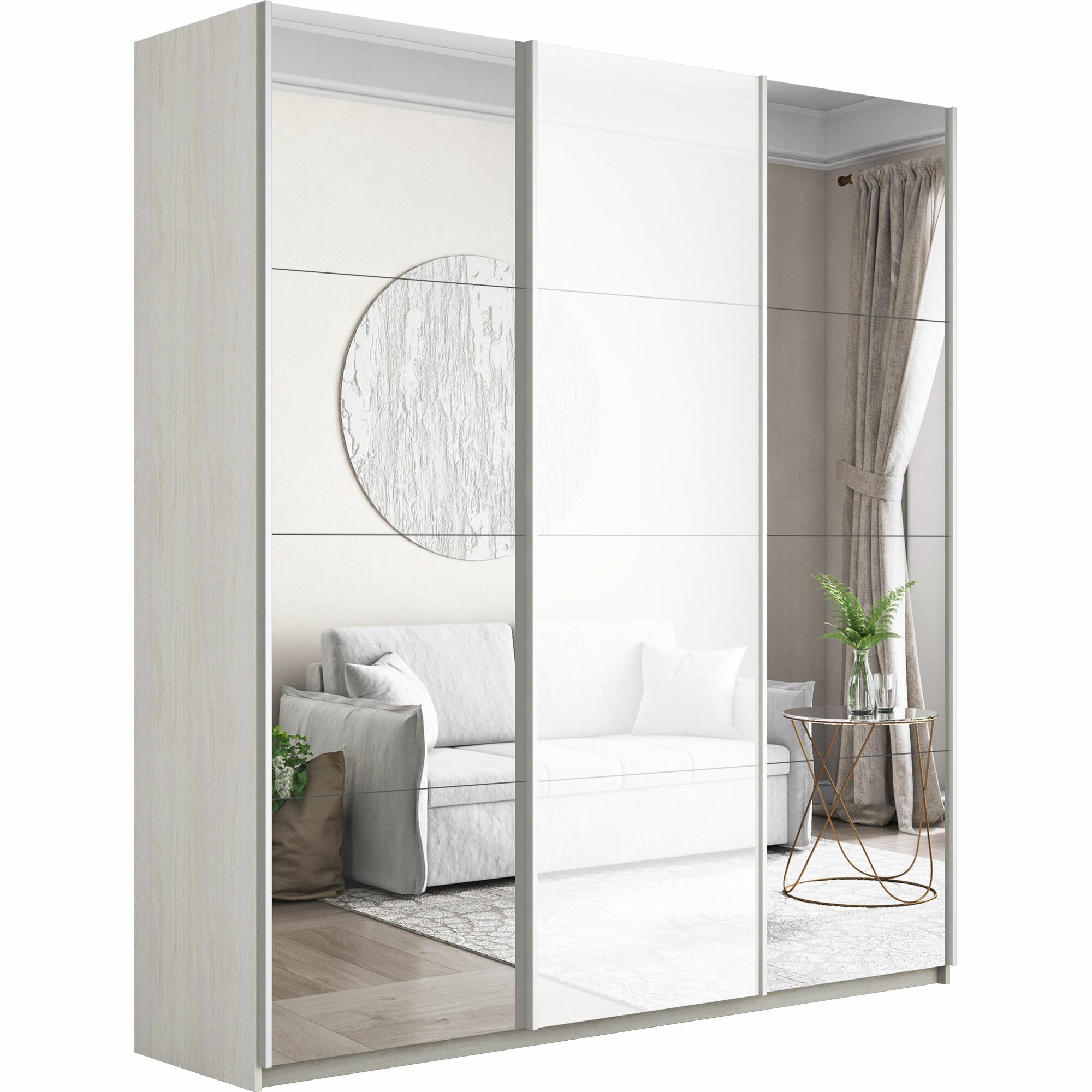 Шкаф-купе Билли 3-х дверный, (2 Зеркала/Стекло бел.) 180х57х230 см. Ясень Анкор светлый