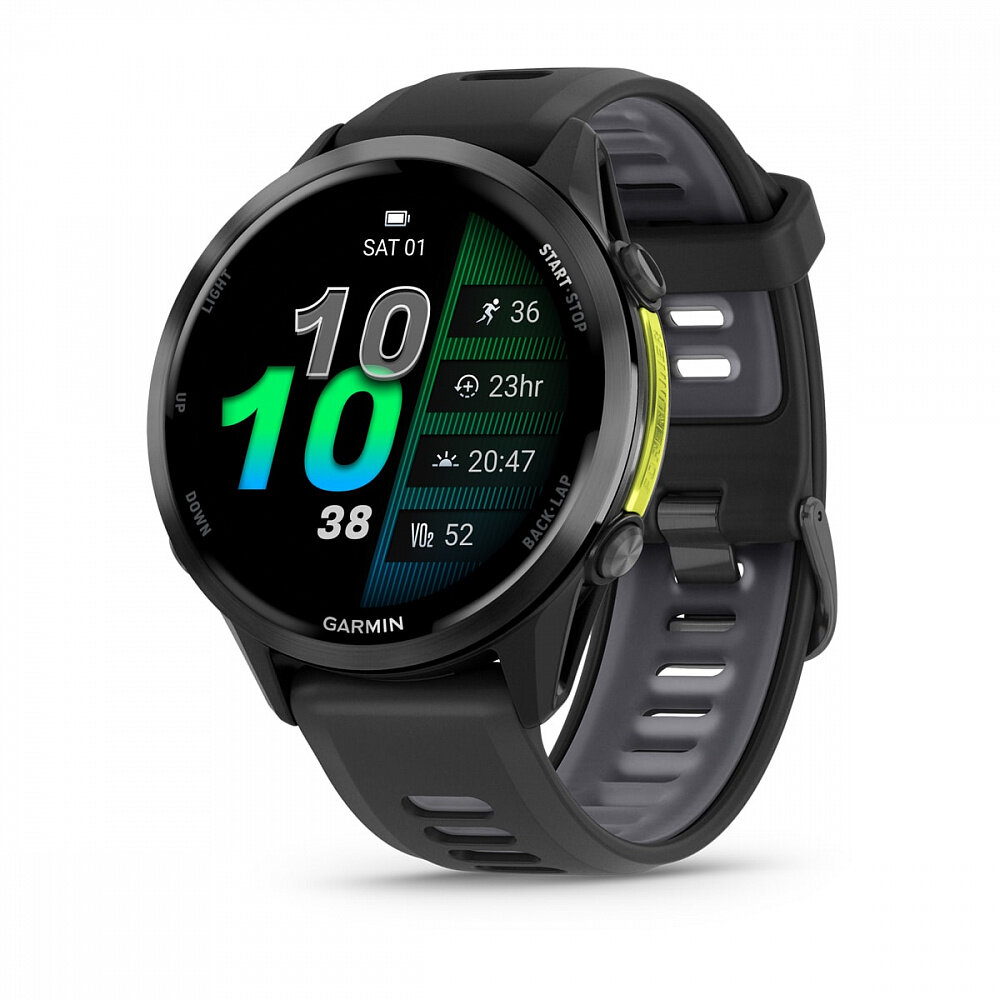 Умные часы Garmin Forerunner 970 черные 47 мм, угольно-серый безель (Carbon Gray DLC Titanium), с черно-серым ремешком