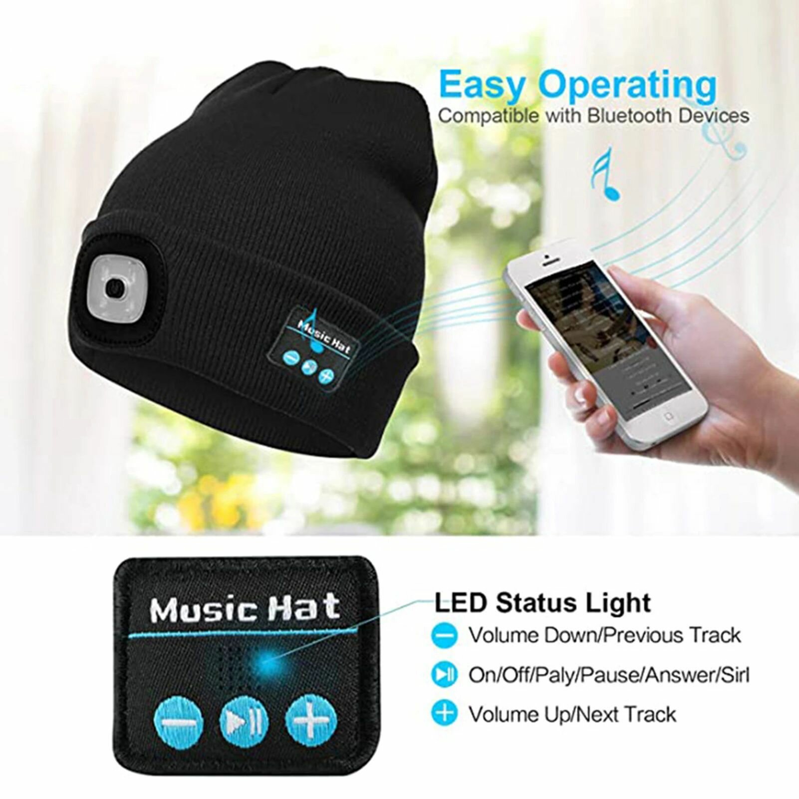 Шапка-фонарь, Bluetooth-гарнитура, теплый свет, мягкая, унисекс