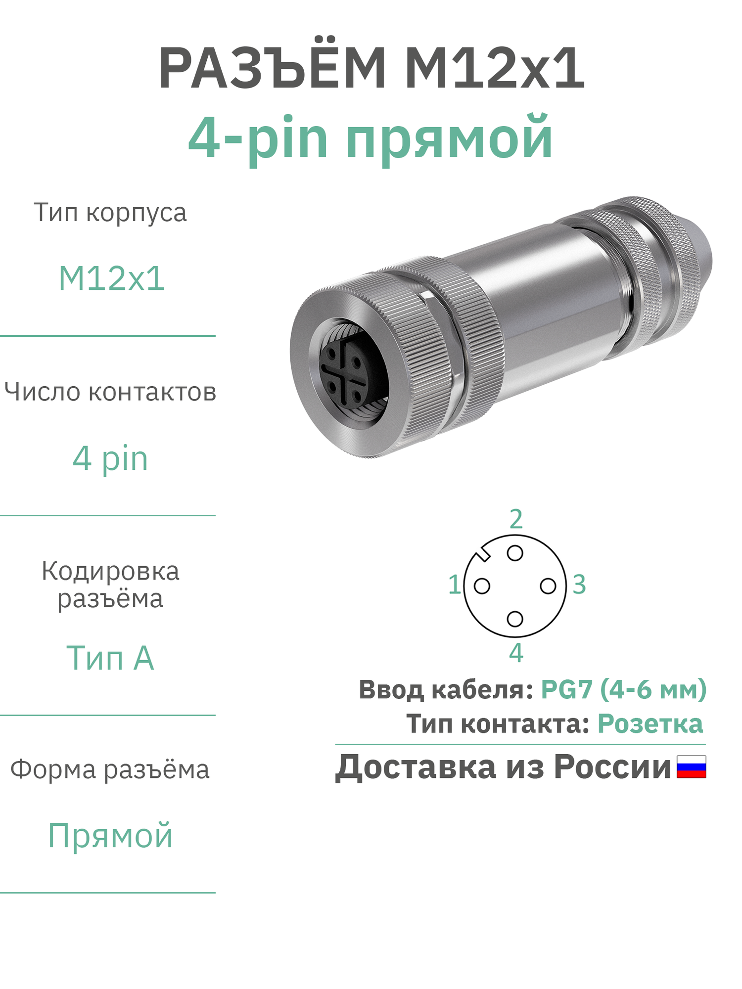 Разъём M12 Ethernet 4 pin прямой / розетка (мама) / PG7 (4-6 мм диаметр под кабель) / модель RAZM-F12-C4-PG7-LT