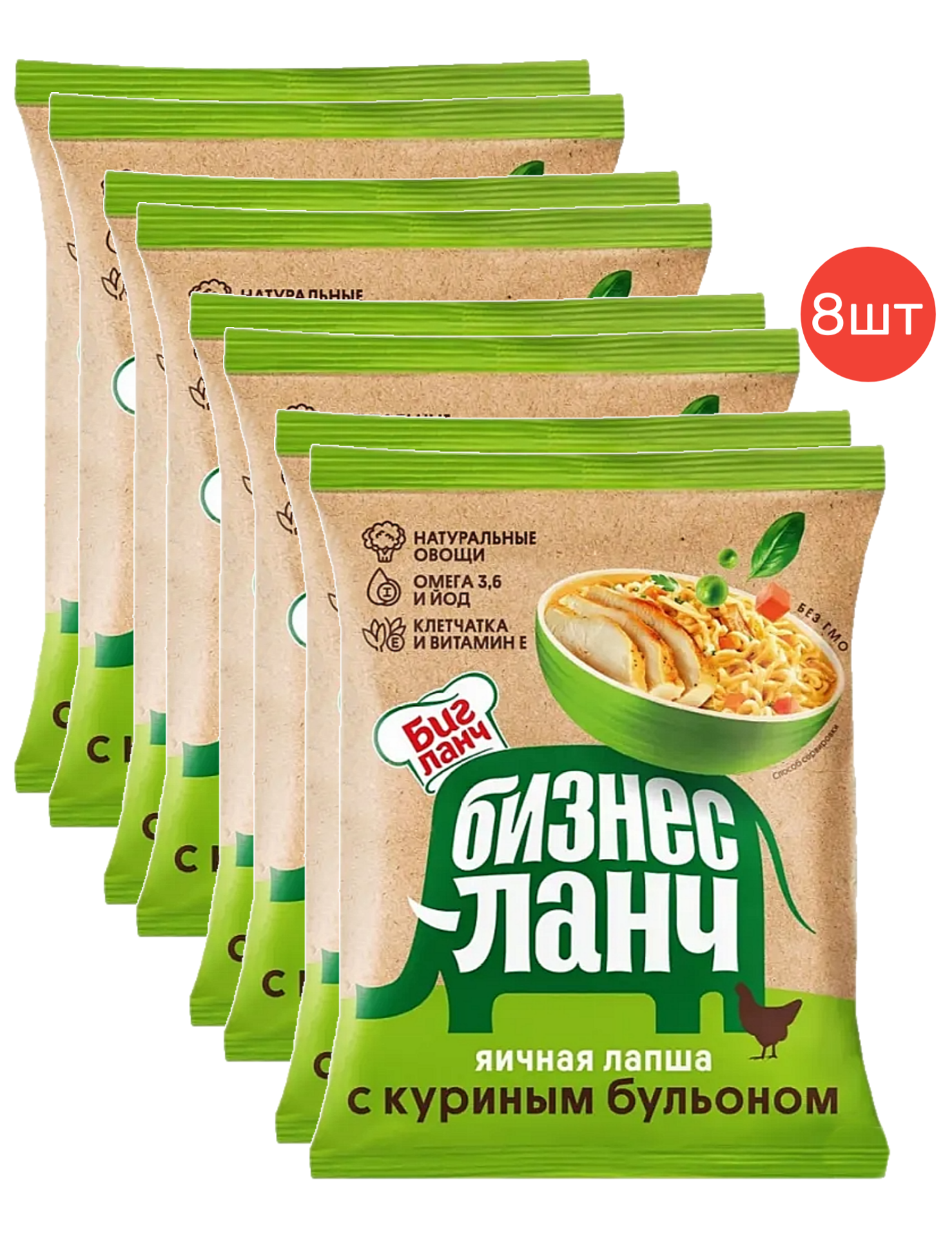 Лапша быстрого приготовления яичная с куриным бульоном БИГ ланч, 60г 8 шт