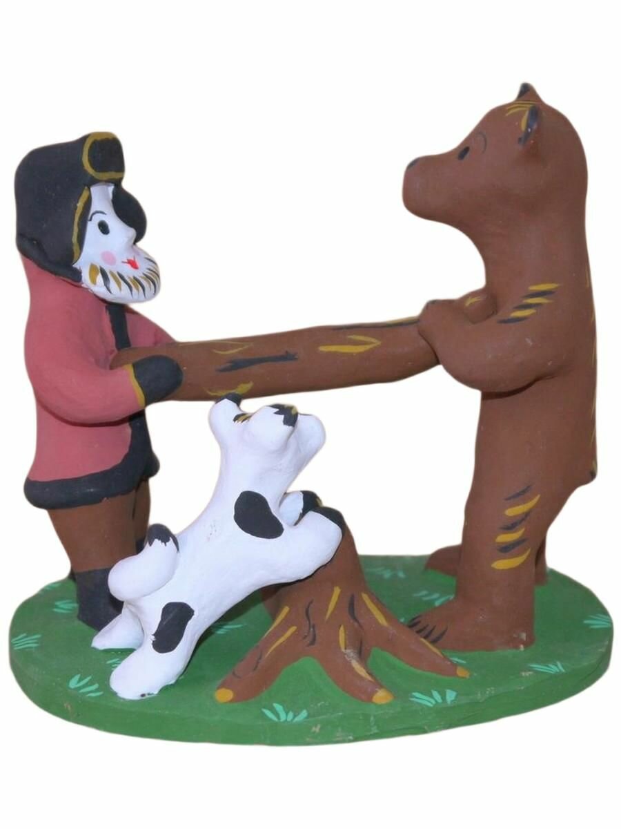 Композиция "Охотник с медведем", Каргопольская глиняная игрушка, ручная авторская работа