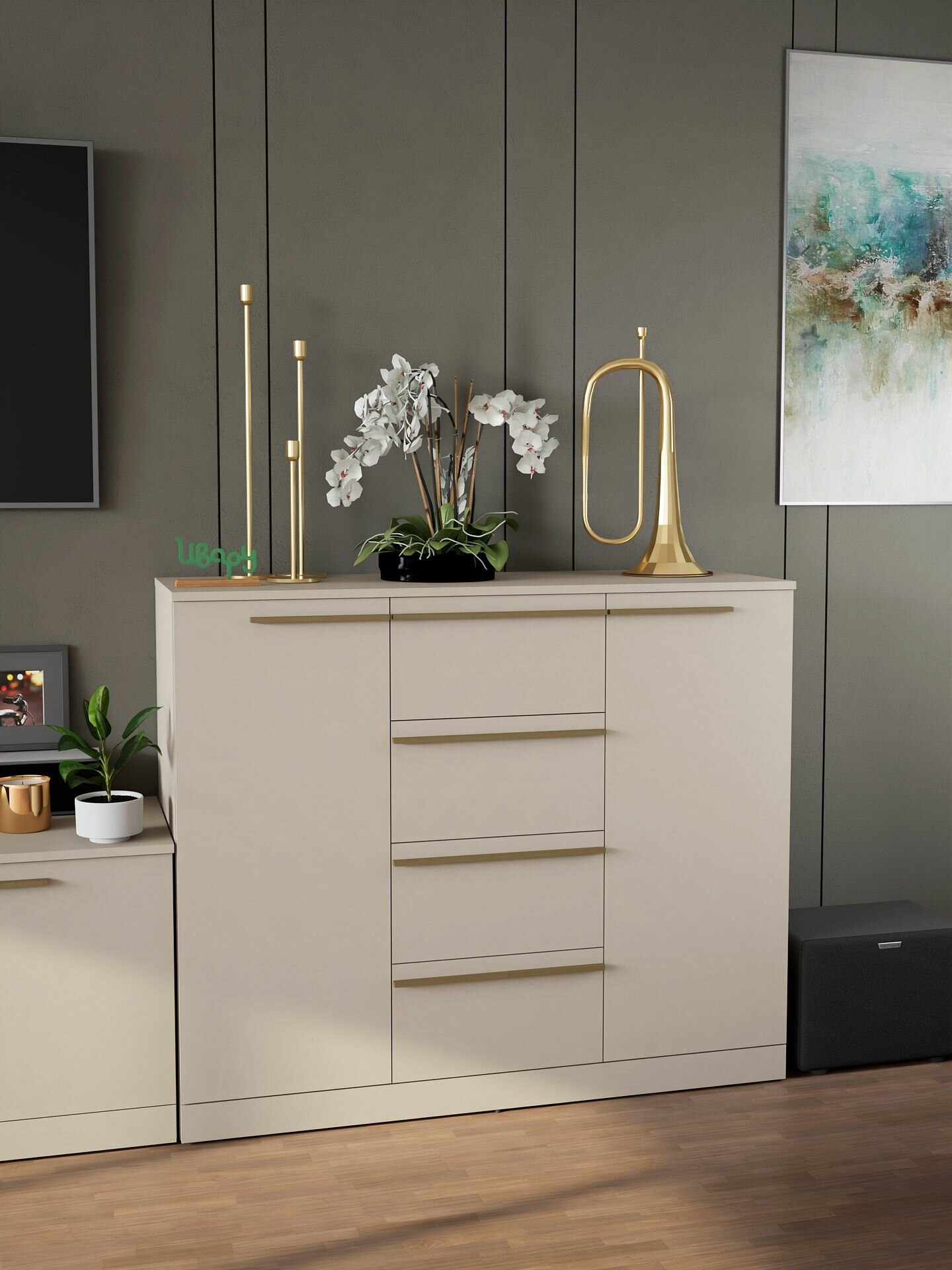 Комод для одежды и хранения вещей Николь 8 Ивару с ящиками 120х45х100 см кашемир / сатиновое золото