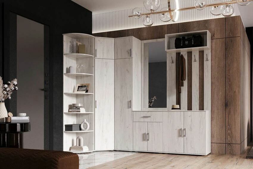 Прихожая МиФ "Ева NEW №3", со штангой, угловая, дуб крафт, белая