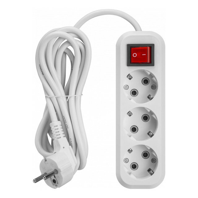 Онлайт удлинитель 5 м с 3 гнездами IP20 16 А с выключателем белый для дома и офиса