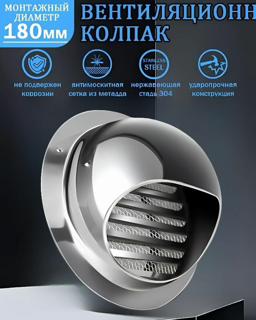 Стенной выход с решеткой и сеткой 180 мм из нержавеющей стали 304 для вентиляции – защита от влаги и насекомых