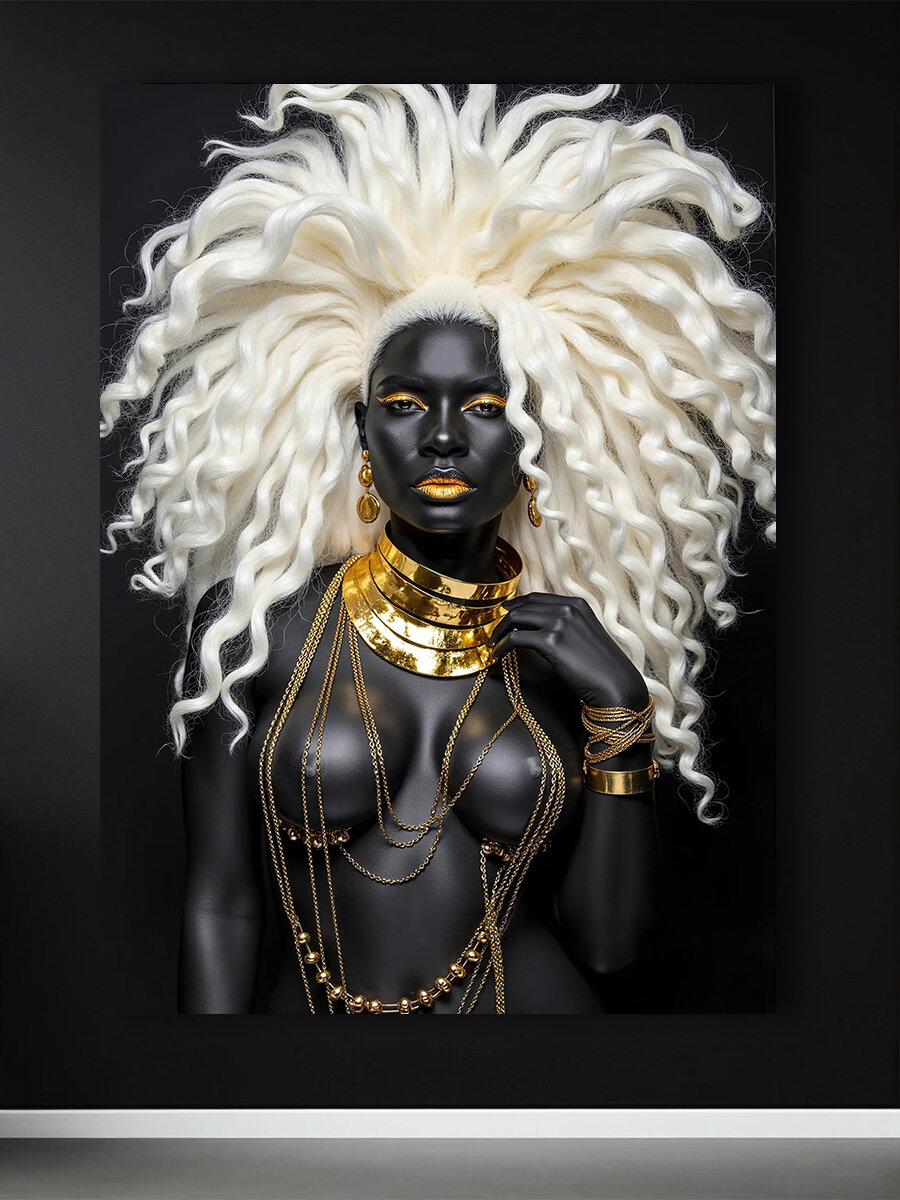 Картина интерьерная на стену - "Девушка негритянка с золотом, лицо женщины" , 60х80 см.