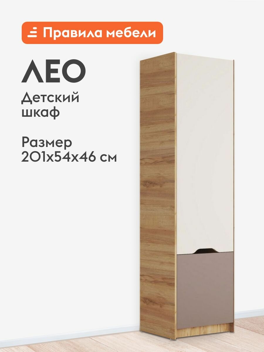 Распашной шкаф-пенал Лео детский, с полками, со штангой, 54х46х201 см, Дуб Крафт золотой / Миндаль / Глиняный серый