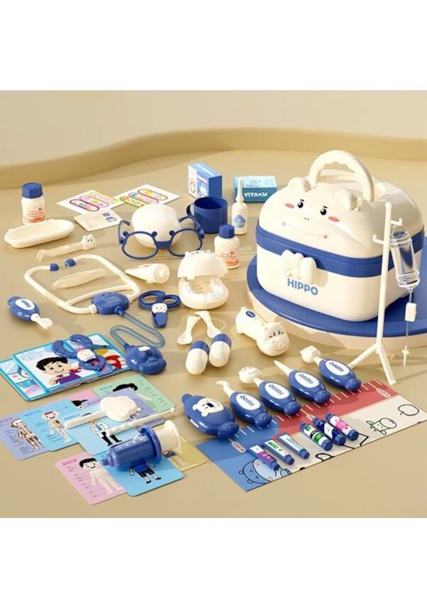 Медицинские игрушки "Маленький доктор-гиппо", пазл для мальчиков и девочек, игровой домик "Доктора", набор из 72 предметов, подарки на день рождения для детей 6803, светло-голубой, набор "Доктор" для детей 5-7 лет