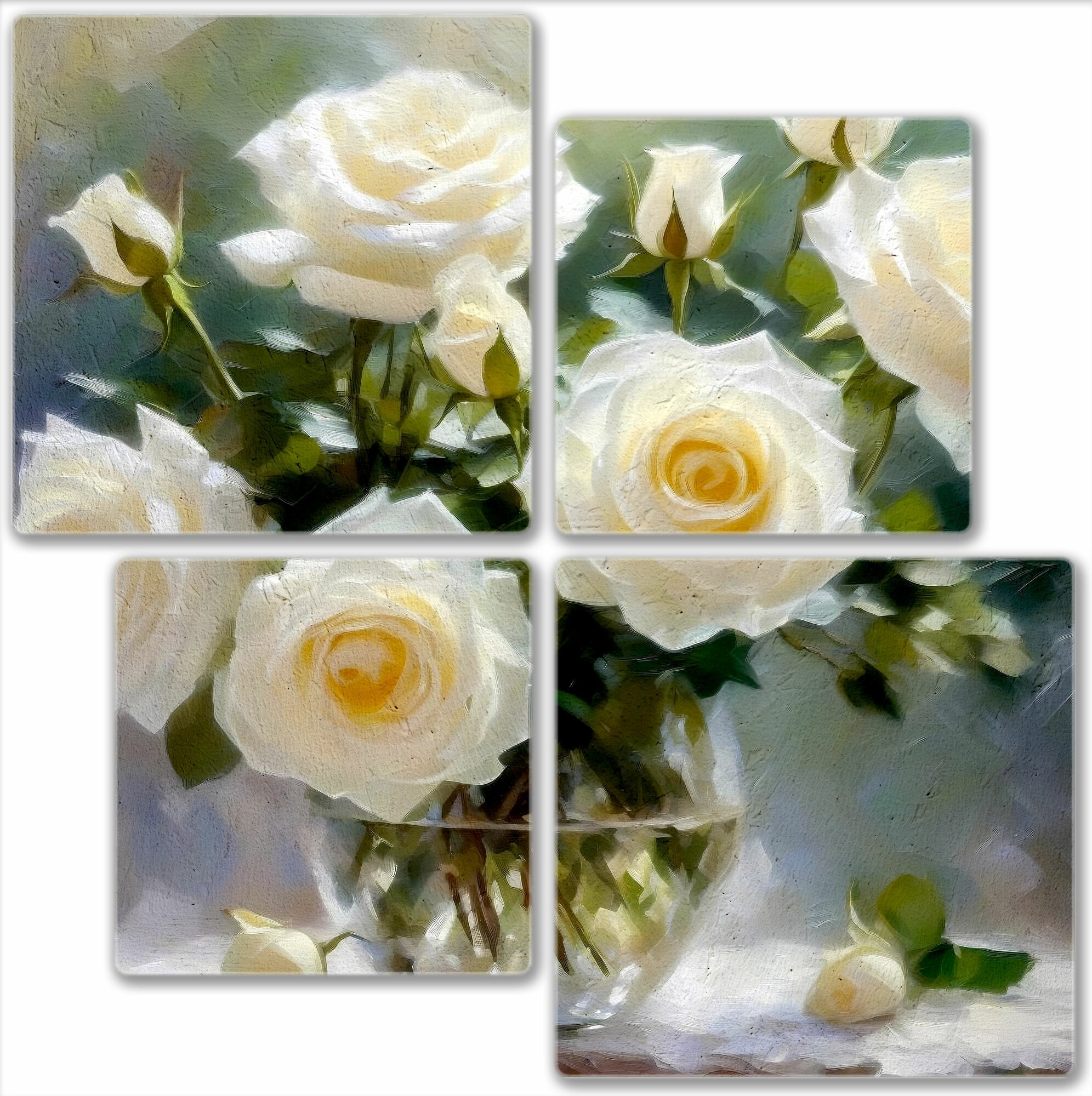 Картина модульная/ "Цветы. Розы в стеклянной вазе"/Фреска на доске/ 103х103 см