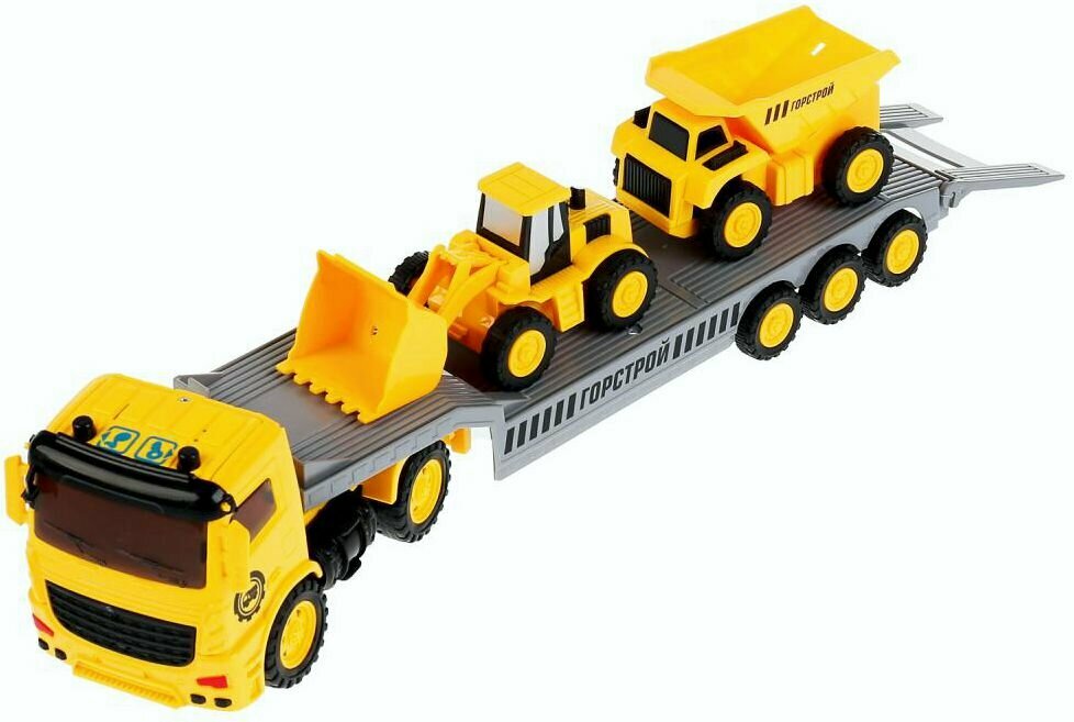 Модель Инерционная Технопарк Тягач-автовоз. Стройка (34,5см, пластик, свет, звук, инерционный, +2 машины спецтехники)