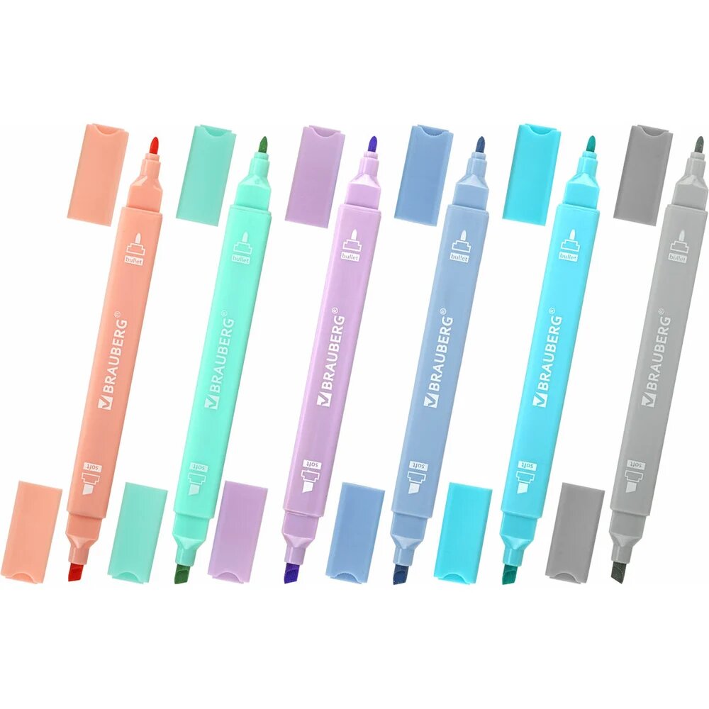 BRAUBERG Набор текстовыделителей двусторонних 6 Пастельных Цветов, Macaroon, линия 1-5 мм, 152513