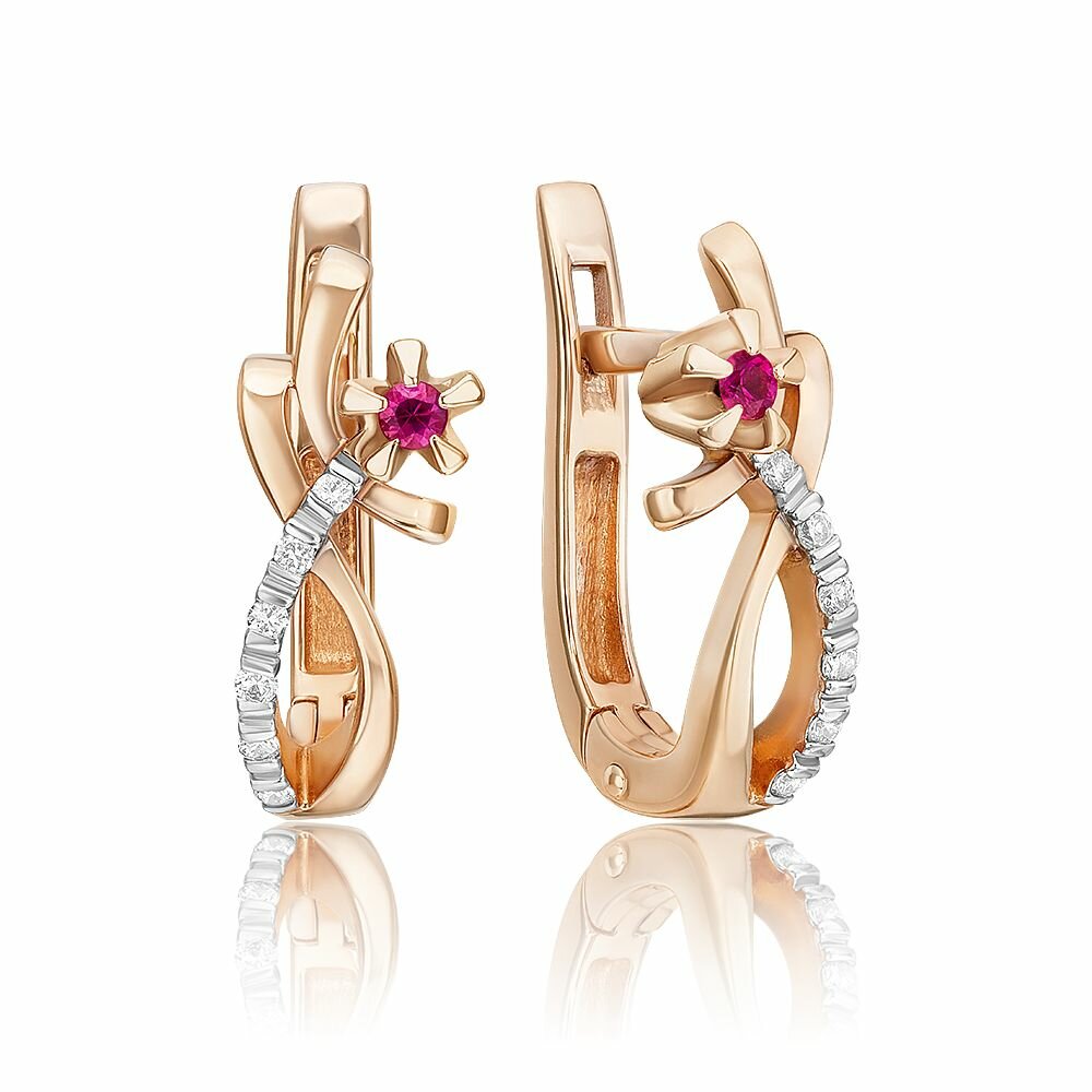 Серьги, красное золото, 585 проба, рубин, бриллиант