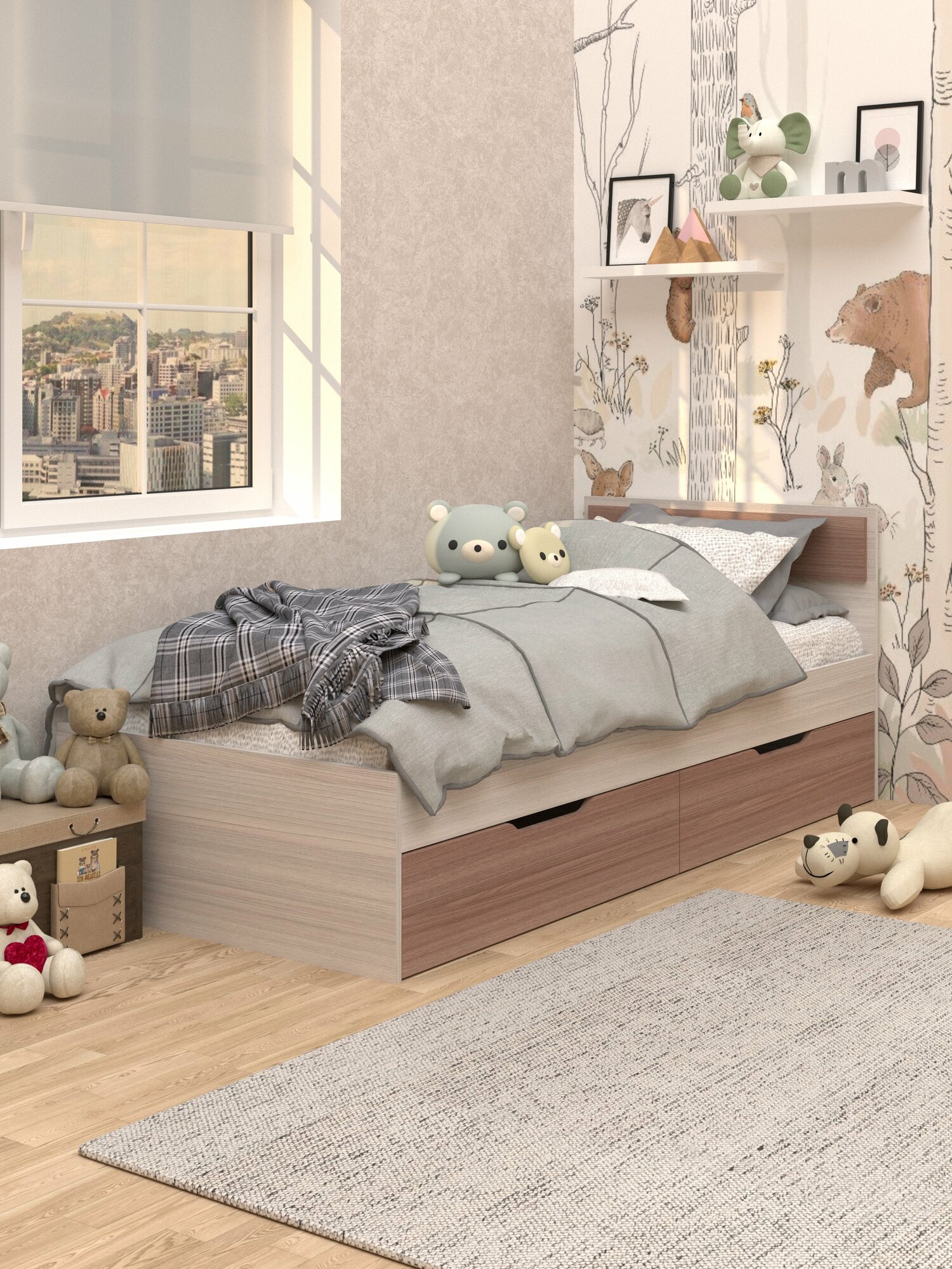 Есэндвич Монако Кровать 90х200 односпальная 203х78х93 см (Ясень шимо светлый/Ясень шимо тёмный) с ящиками