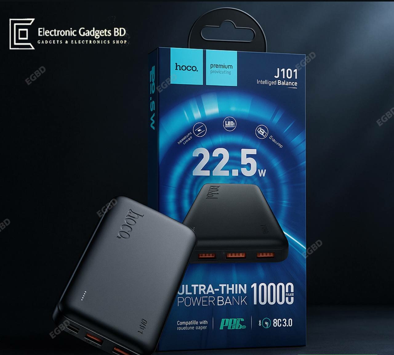 Внешний аккумулятор HOCO J101 10000mAh, 3А, 22,5W, QC3.0, PD20W, черный