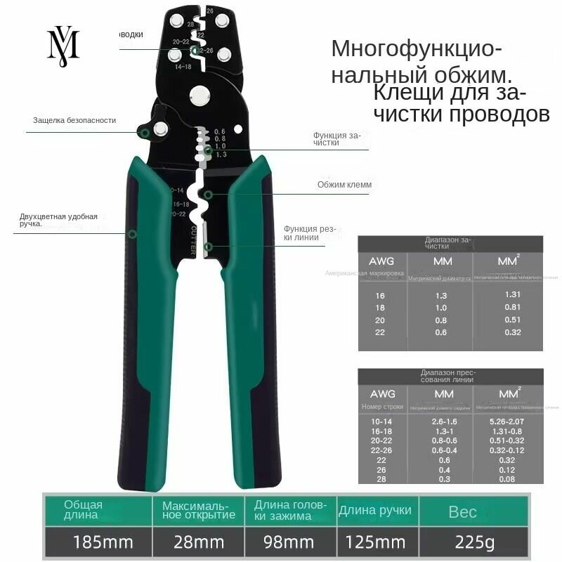 Кримпер, для обжима и зачистки проводов, многофункциональный, темно-зеленый