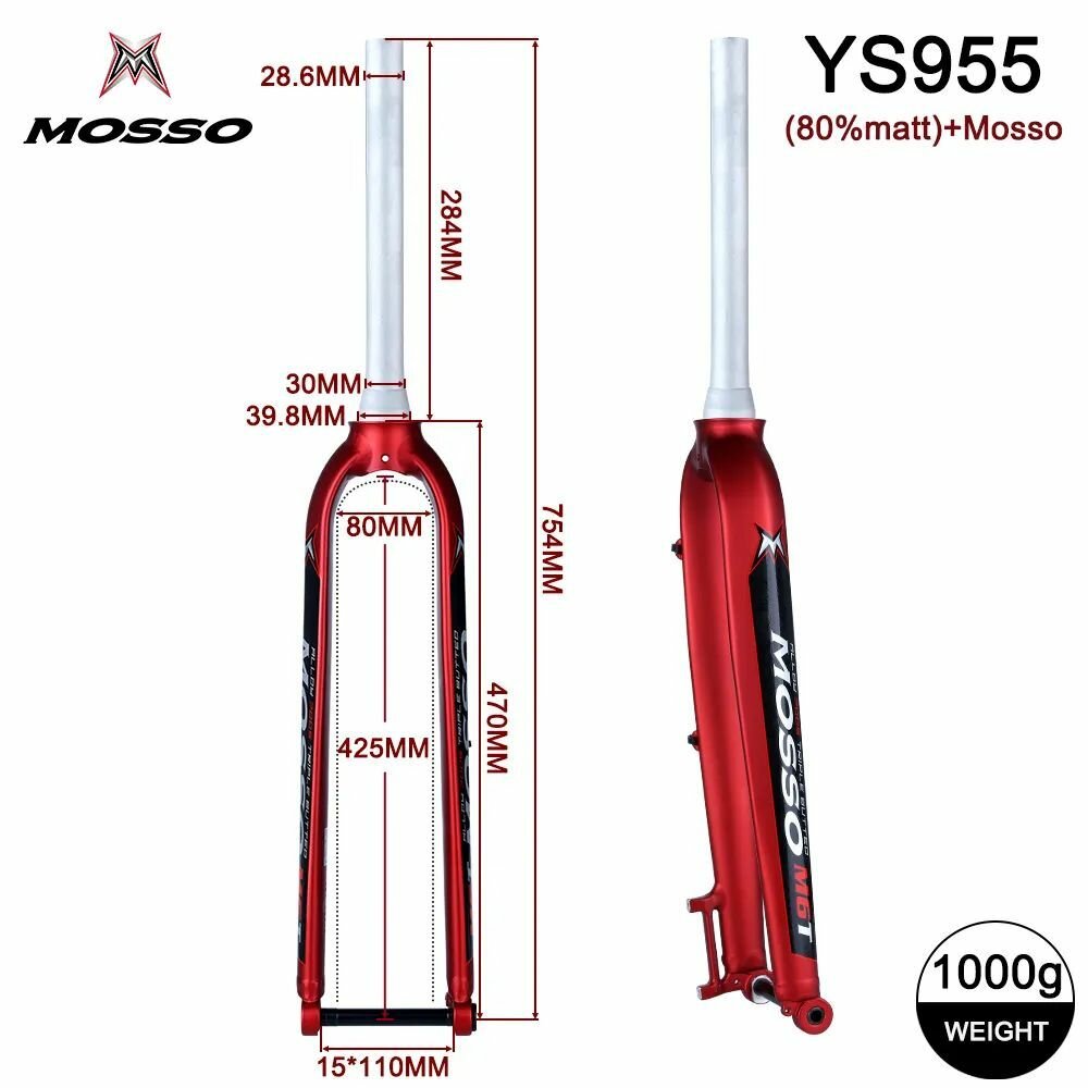 Mosso M6T, жесткая вилка для горного велосипеда с конической трубкой, BOOST (110X15MM), совместима с 27,5/29 дюймами, матовая красно-черная этикетка