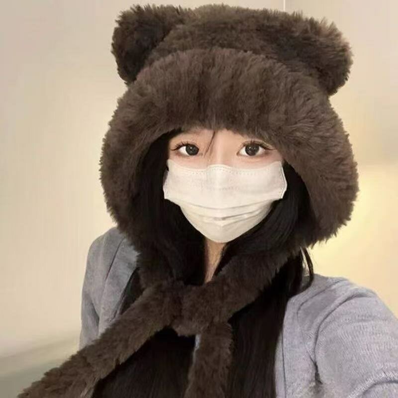 Шарф и шапка, интегрированные осенне-зимним теплым плюшевым толстым искусственным мехом кролика, милая защитная шапка для ушей, защита от холода, шарф на шею с капюшоном
