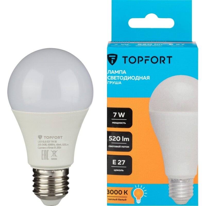Лампа светодиодная Topfort E27 7 W 3000 K, груша