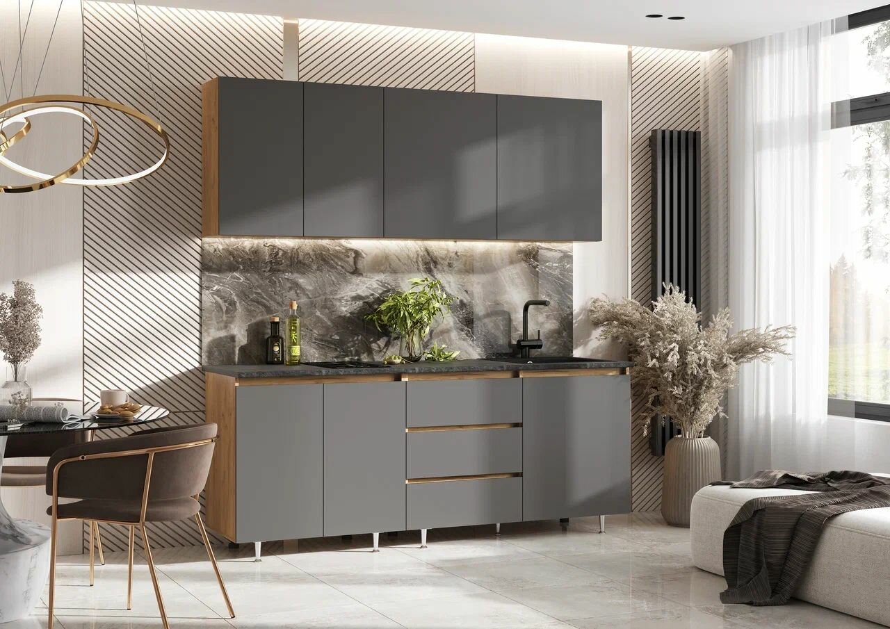 Кухня 2м. Челси компоновка №2 Графит, Дуб Крафт