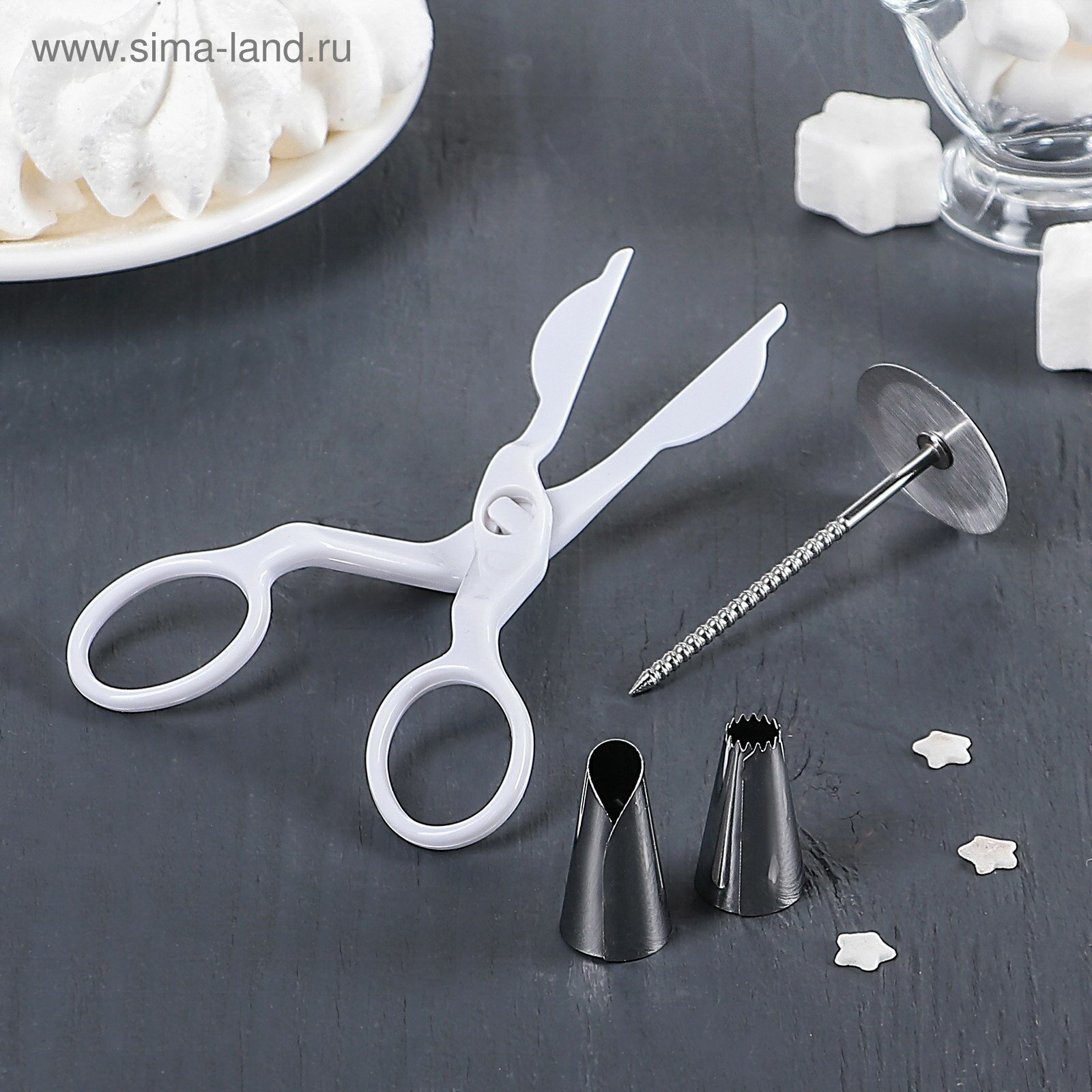 Набор кондитерский 4 предмета, 2 насадки d=1.7 см, ножницы кондитерские для переноски украшений, гвоздь d=0.3/3.3 см