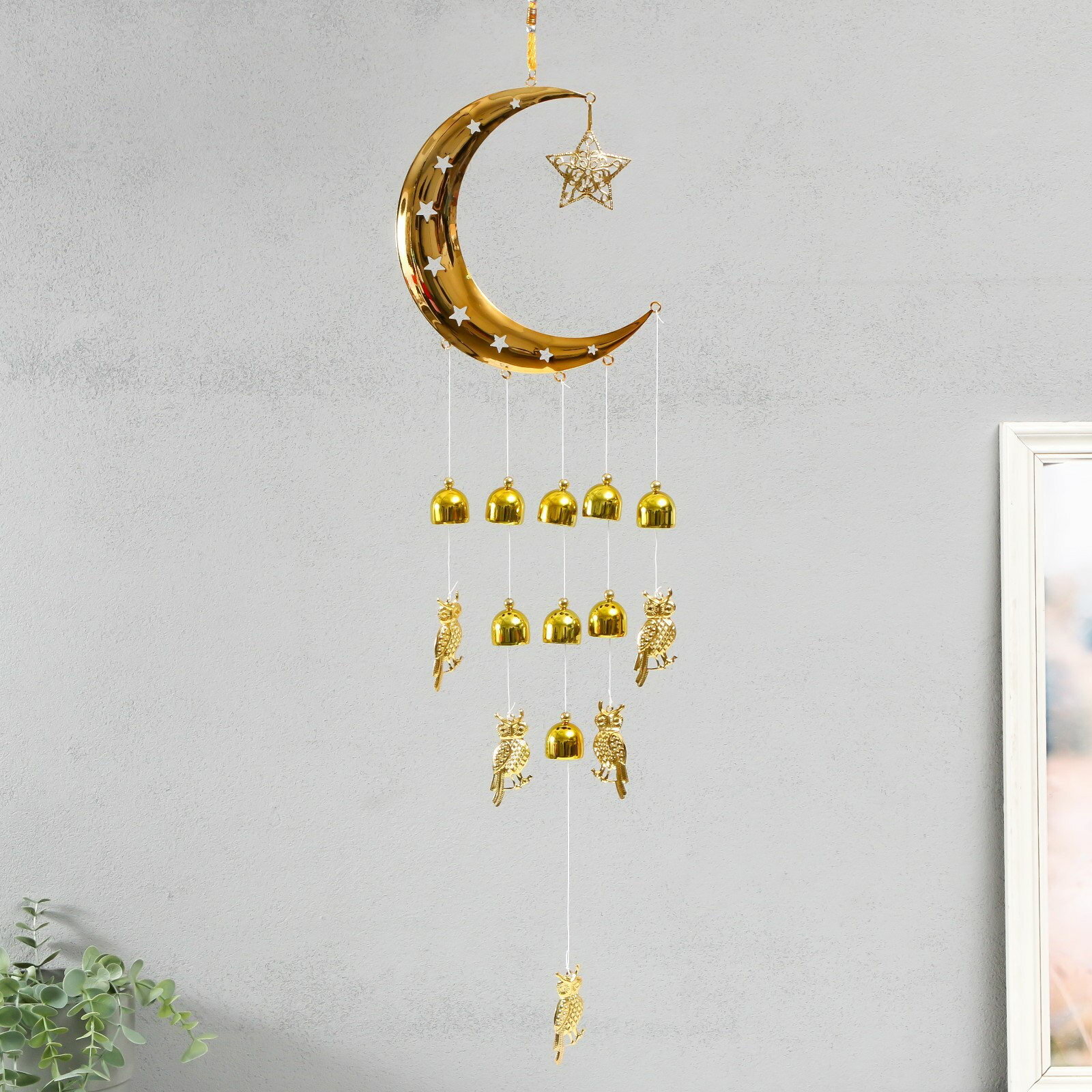 Музыка ветра "Полумесяц и филины", металл, 9 колокольчиков, 80x17.5x2.5 см