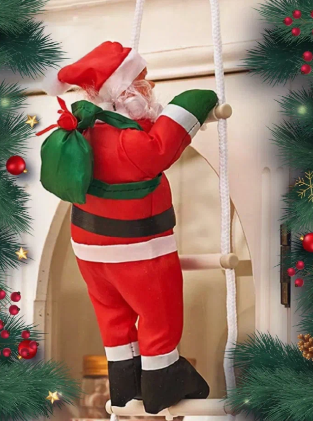 Новогодняя игрушка Дед Мороз (Санта Клаус) на подвесной лестнице, полный размер: 40*15см