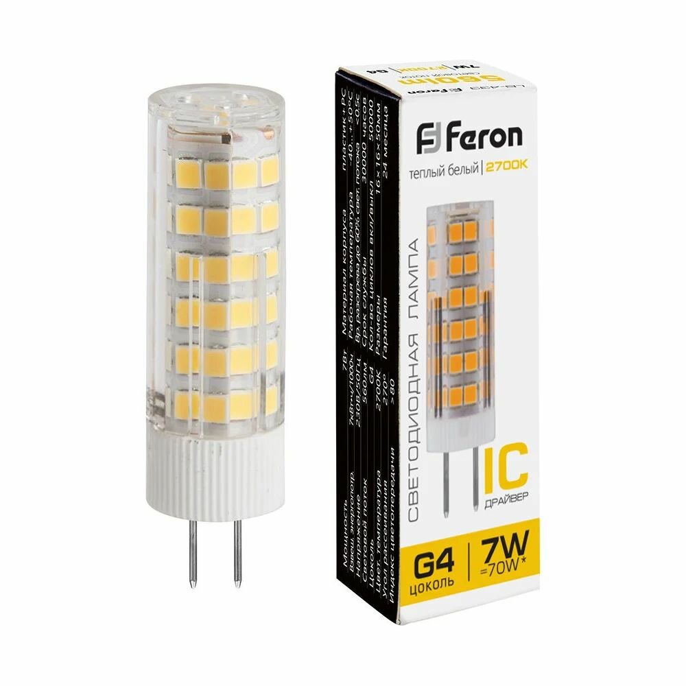 Светодиодная лампа FERON 7W 230V G4 2700K, LB-433 25863