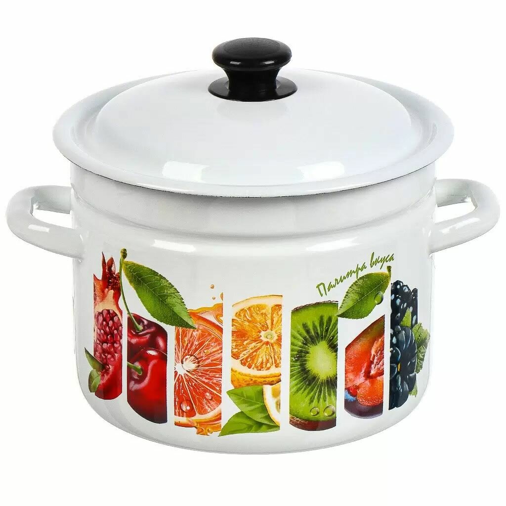 Кастрюля Керченский Металлургический Завод эмалированная из стали, 6 л, крышка стальная, цилиндрическая, Палитра вкуса, белая