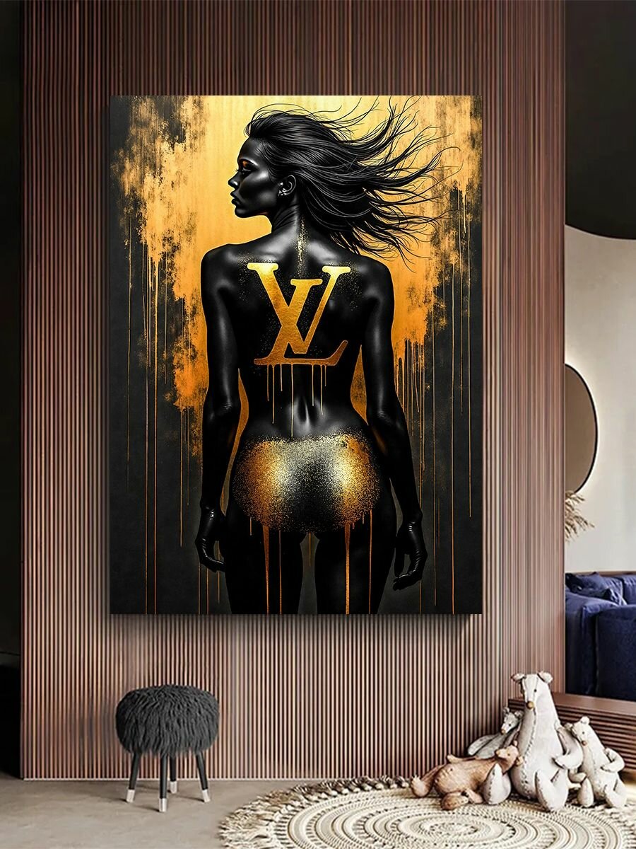 Интерьерная картина на стену вертикальная - "Louis Vuitton и девушка / Черно-золотой" , 60х80 см.