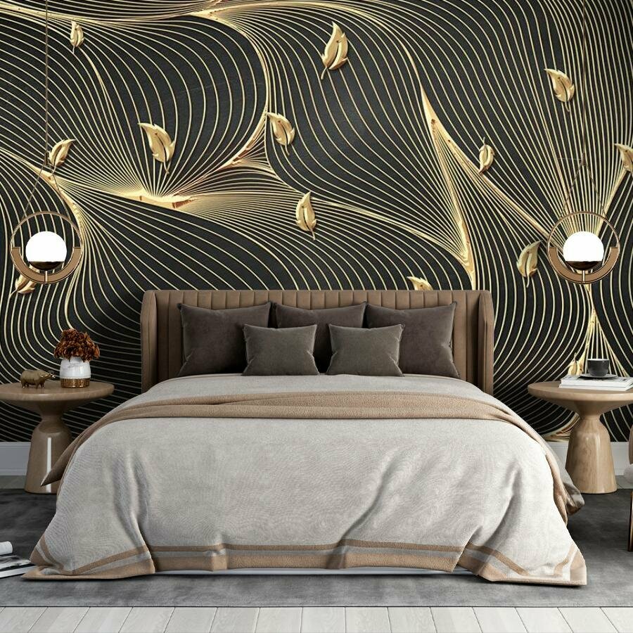 Фотообои Золотые линии на черном фоне 14-511-S-Холст 270 x 200 см (ВхШ) Бесшовные, флизелиновые, влагостойкие обои MasterFresok