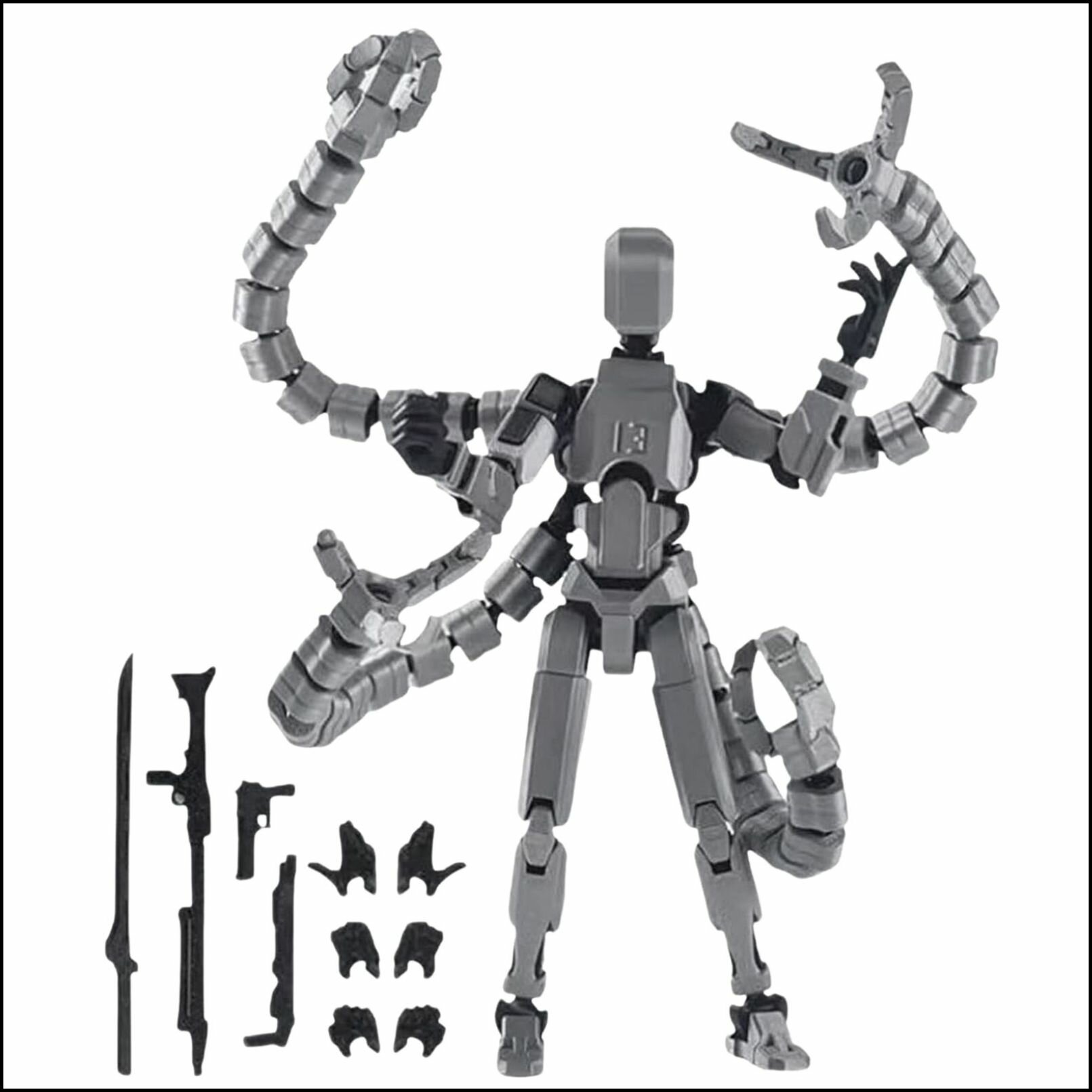 Фигурка робота с длинными щупальцами, аксессуарами, подвижными суставами. 3D-модель робота, напечатанная на принтере.