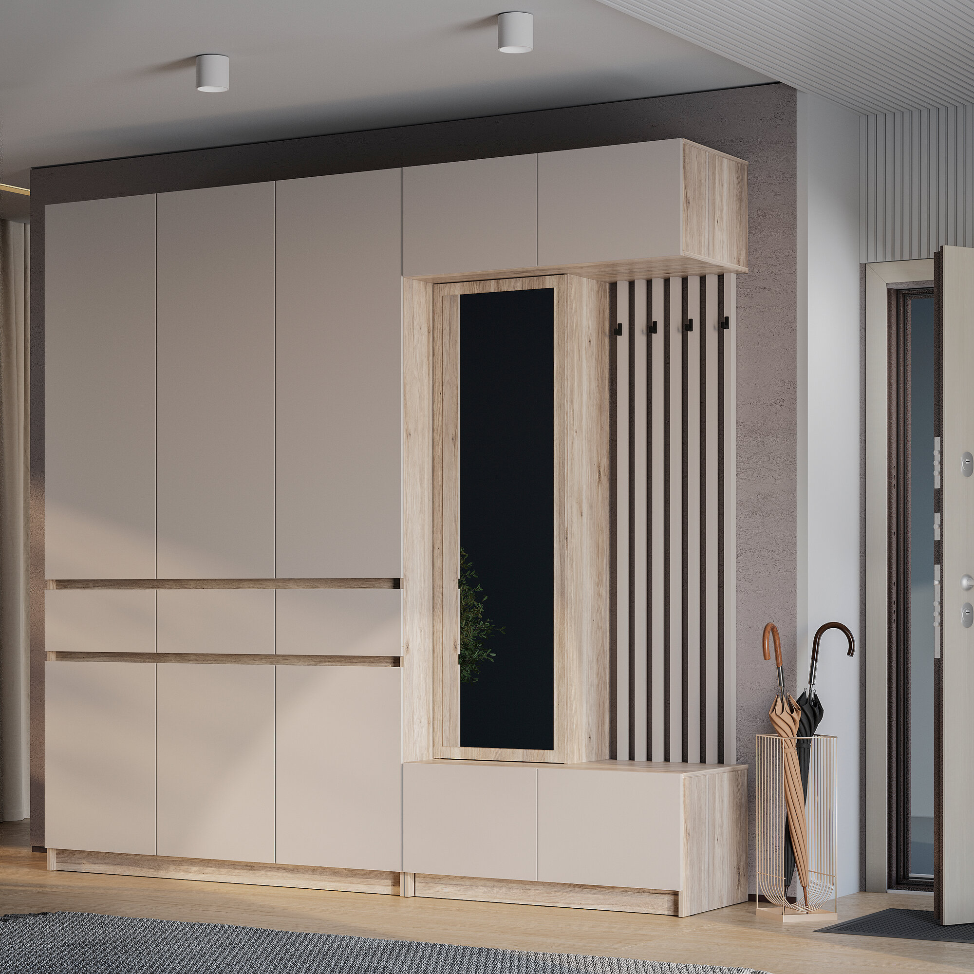 Прихожая Багира. 2.5 метра. С зеркалом. Модульная. Дуб Смоки/Кашемир