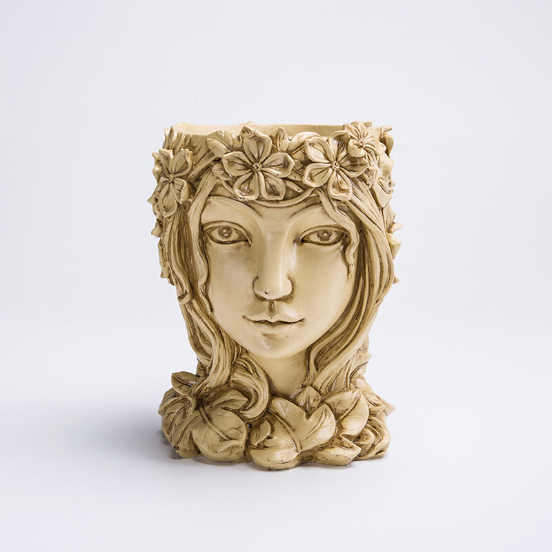 Декоративный цветочный горшок с изображением лица богини, полимерный горшок для кашпо с цветочным венком и основанием из листьев, в форме художественного персонажа, для суккулентов, для использования на рабочем столе в помещении, на балконе и в саду