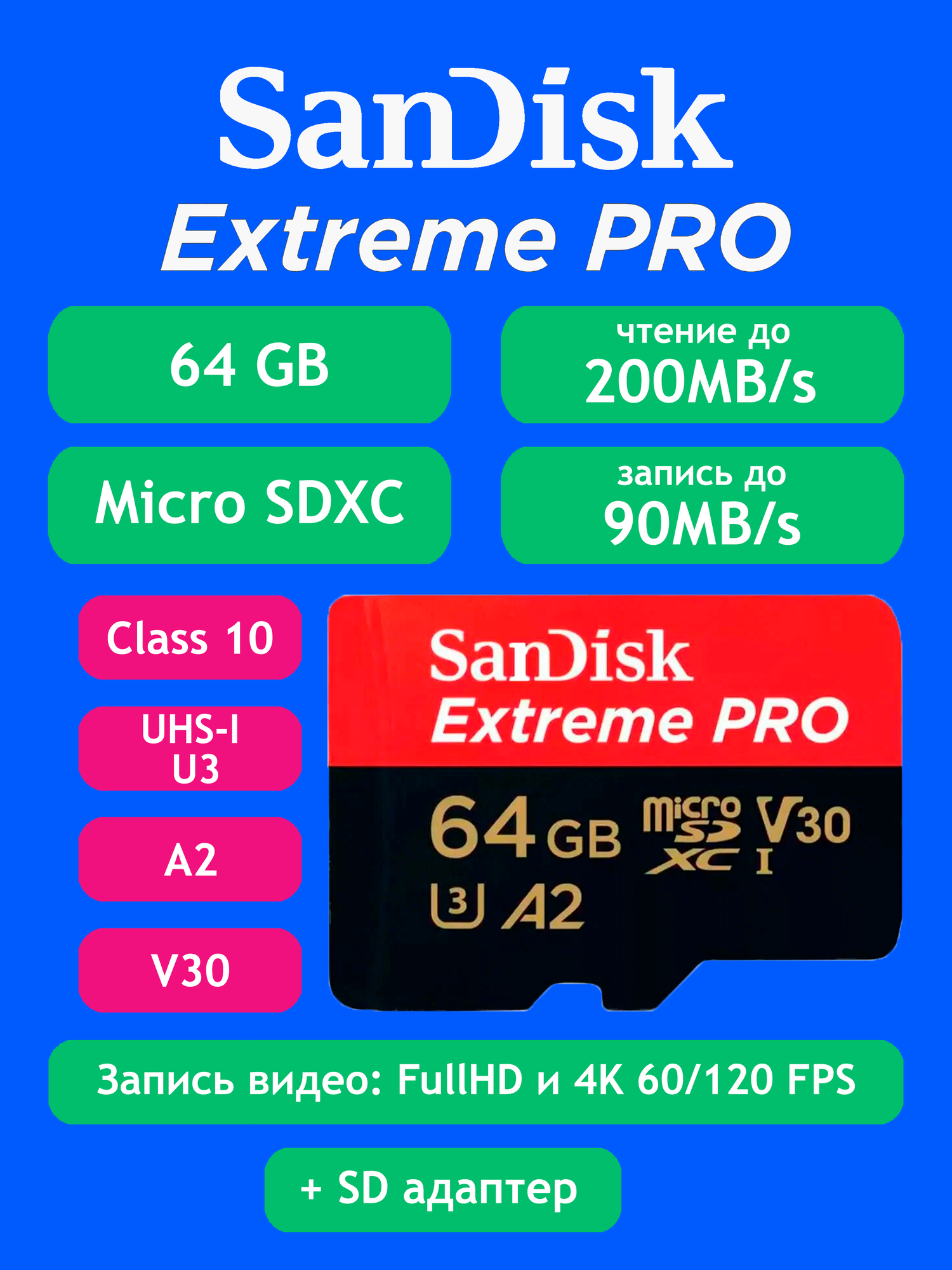 SanDisk Extreme Pro 64Gb MicroSDXC Class 10 UHS-I V30 A2 200MB/s, Карта памяти + SD adapter