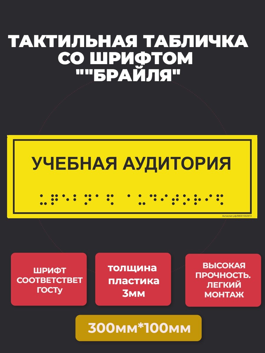 Тактильная табличка со шрифтом Брайля "Учебная аудитория" 300*100мм на ПВХ 3мм