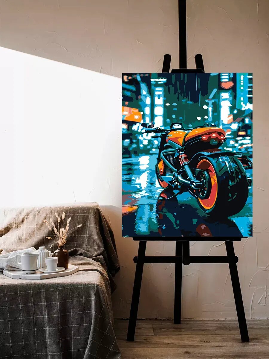 Картина по номерам Мотоцикл Байк Город Дорога Дождь