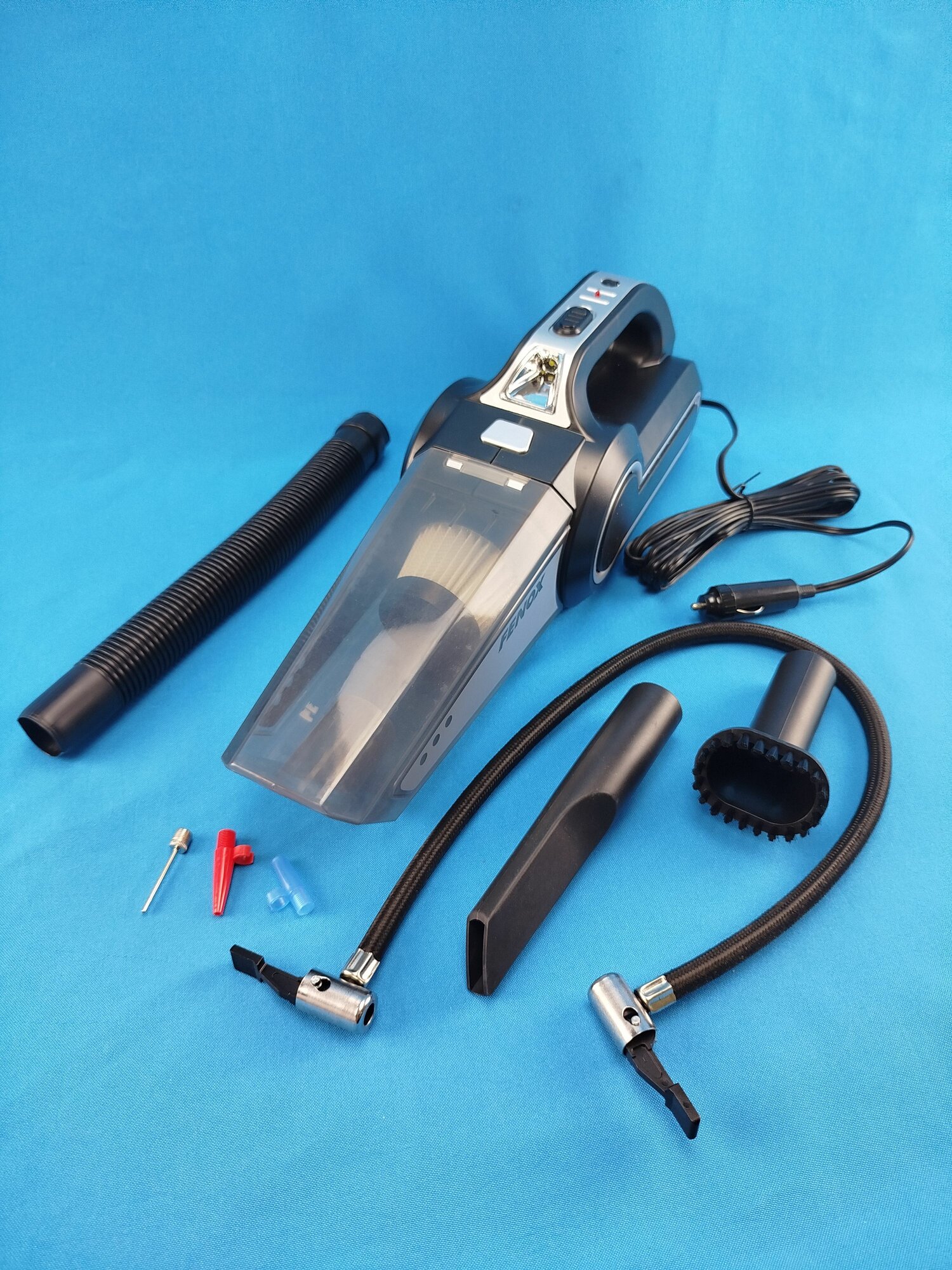 Пылесос автомобильный "FENOX" с компрессором и фонарем (120Вт, 0,5л, 4КПа, 20л/мин, 5атм)