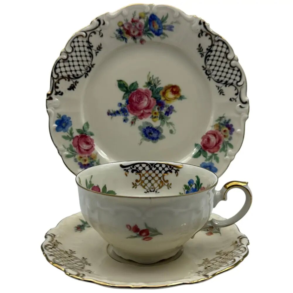 Чайное трио "Букет", 220 мл, фарфор, 1956-1974 гг, Schirnding Bavaria, Германия (нюанс)