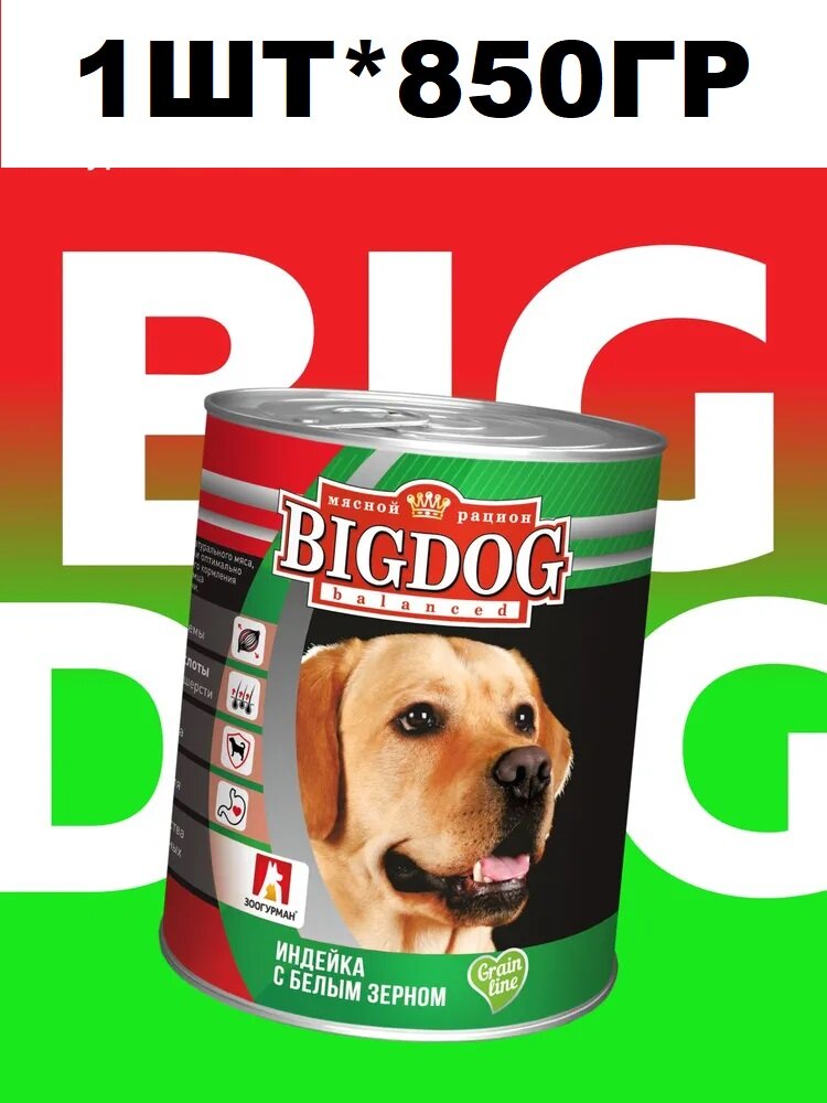 Зоогурман BIG DOG конcервы для собак Индейка с белым зерном 850г *1шт
