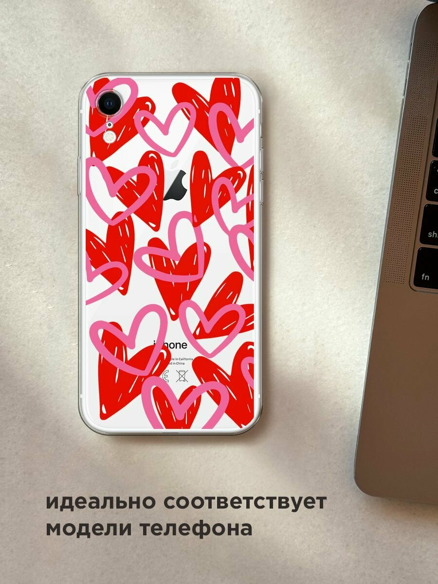 Чехол на Apple iPhone XR / Айфон XR с принтом "Hearts doodles - 14 февраля", прозрачный — фото 1