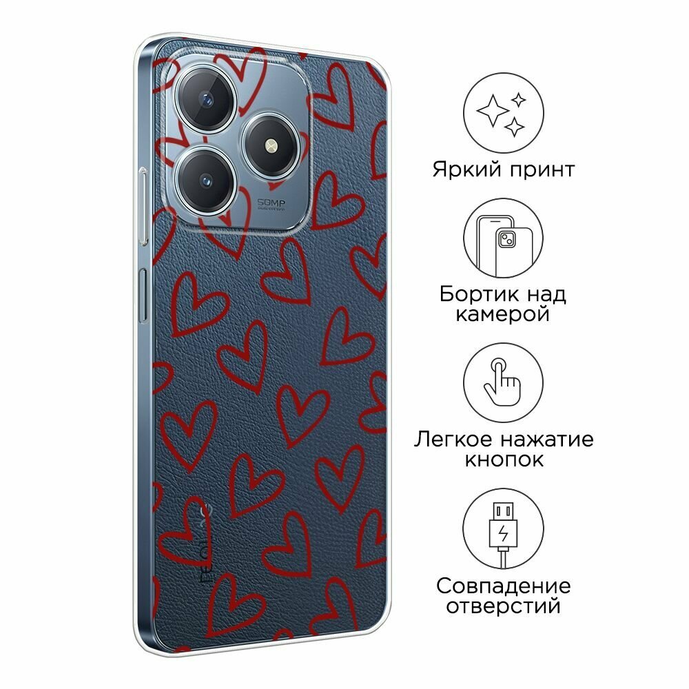 Чехол на Realme C63 / Реалми С63 с принтом "Little hearts doodles 2 - 14 февраля", прозрачный — фото 1