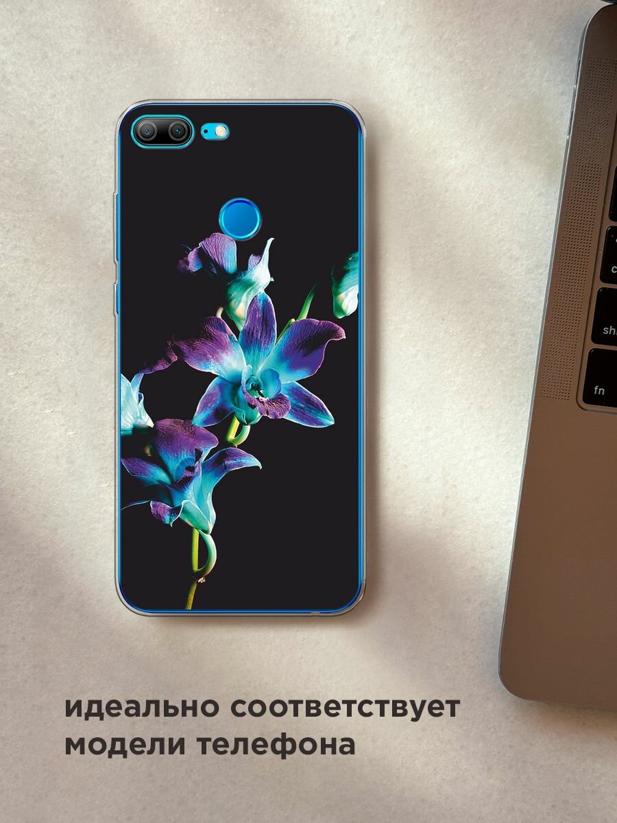 Чехол на Honor 9 Lite / Хонор 9 Лайт с принтом "Синий цветок на черном" — фото 1