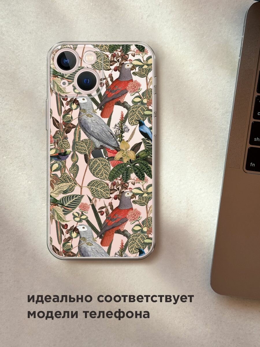 Чехол на Apple iPhone 13 mini / Айфон 13 мини с принтом "Tropical pattern", прозрачный — фото 1