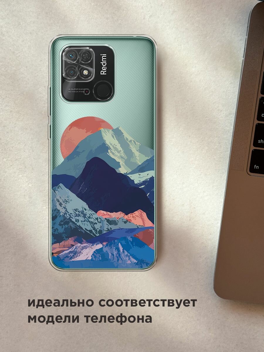 Чехол на Xiaomi Redmi 10C / Сяоми Редми 10C с принтом "Закат в снежных горах", прозрачный — фото 1