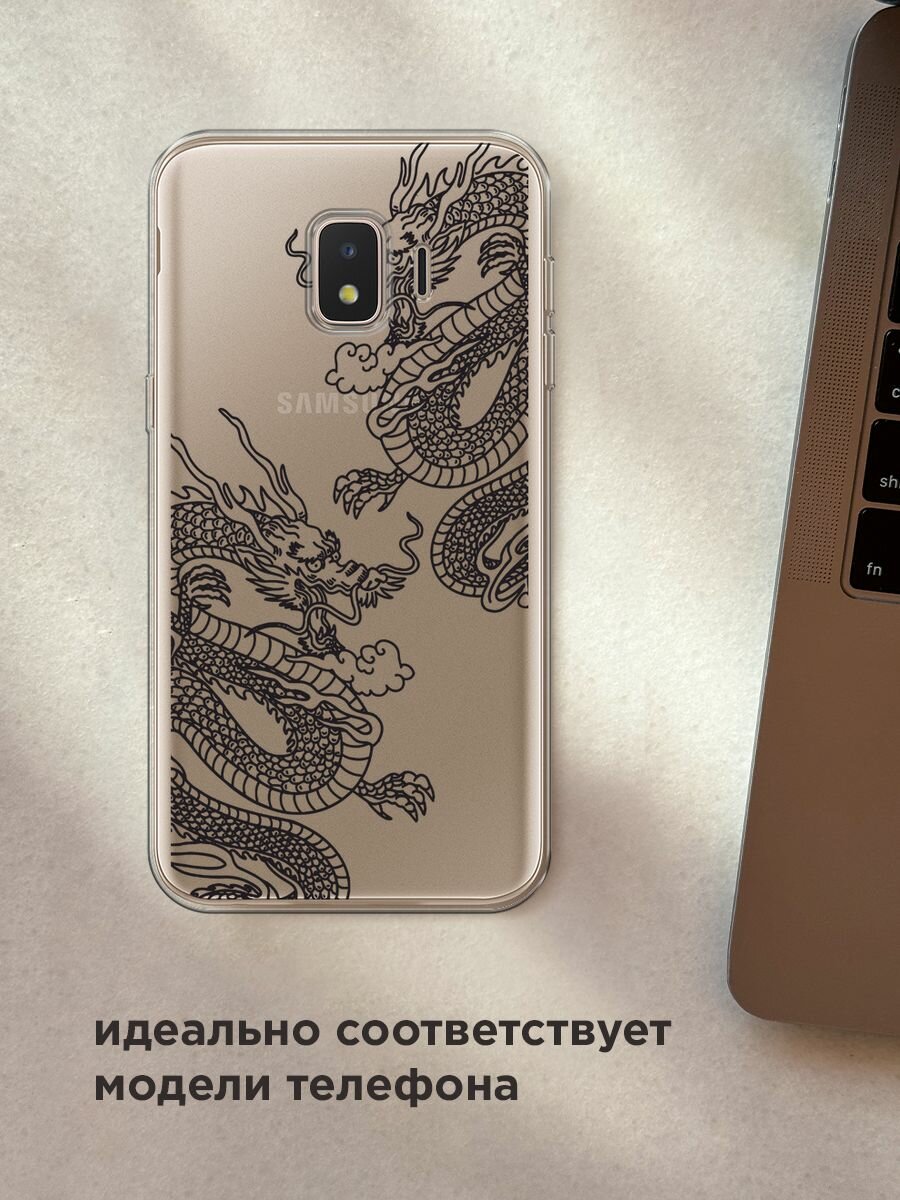 Чехол на Samsung Galaxy J2 Core (2018/2020) с принтом "Два китайских дракона", прозрачный — фото 1