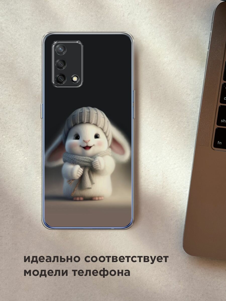 Чехол на Oppo A74 / Оппо A74 с принтом "Белый крольчонок в шапке" — фото 1