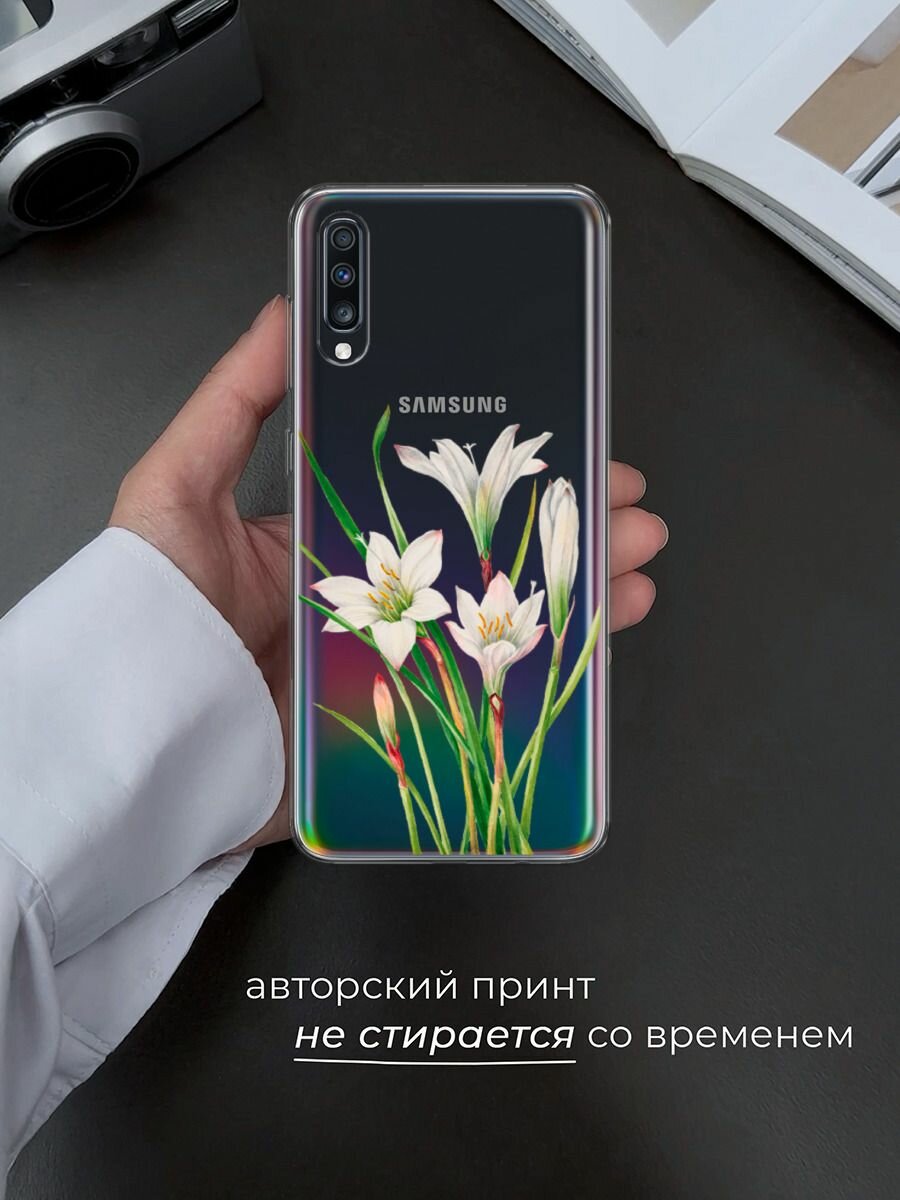 Чехол на Samsung Galaxy A70 / Самсунг Галакси А70 с принтом "White lily", прозрачный — фото 1